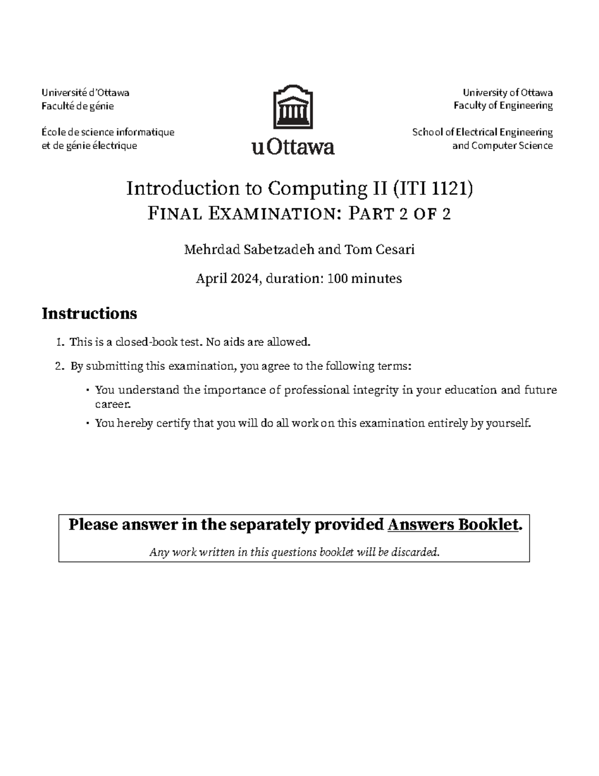 ITI 1121 Final examination part 2: Introduction to computing II - Studocu