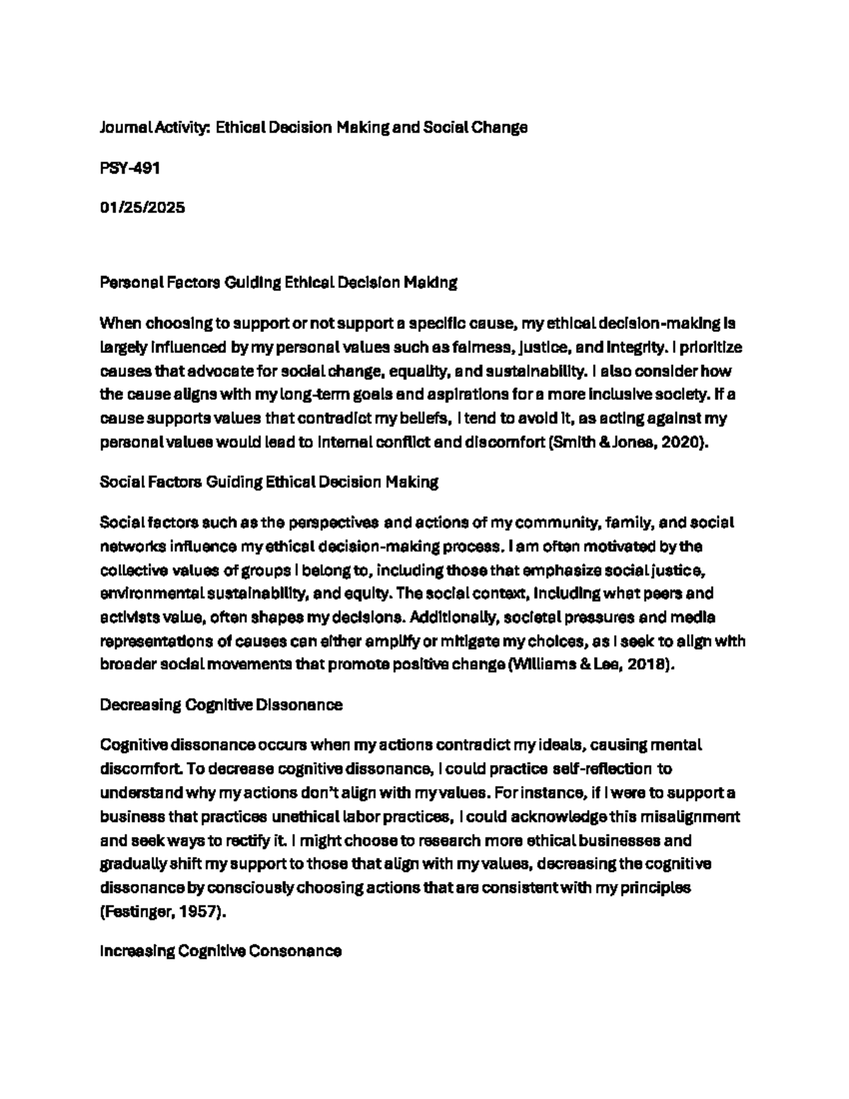 Journal Activity PSY-491 - Journal Activity: Ethical Decision Making ...