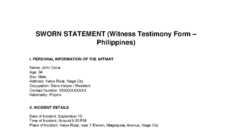 SWORN STATEMENT: Witness Testimony by John Cena - Studocu