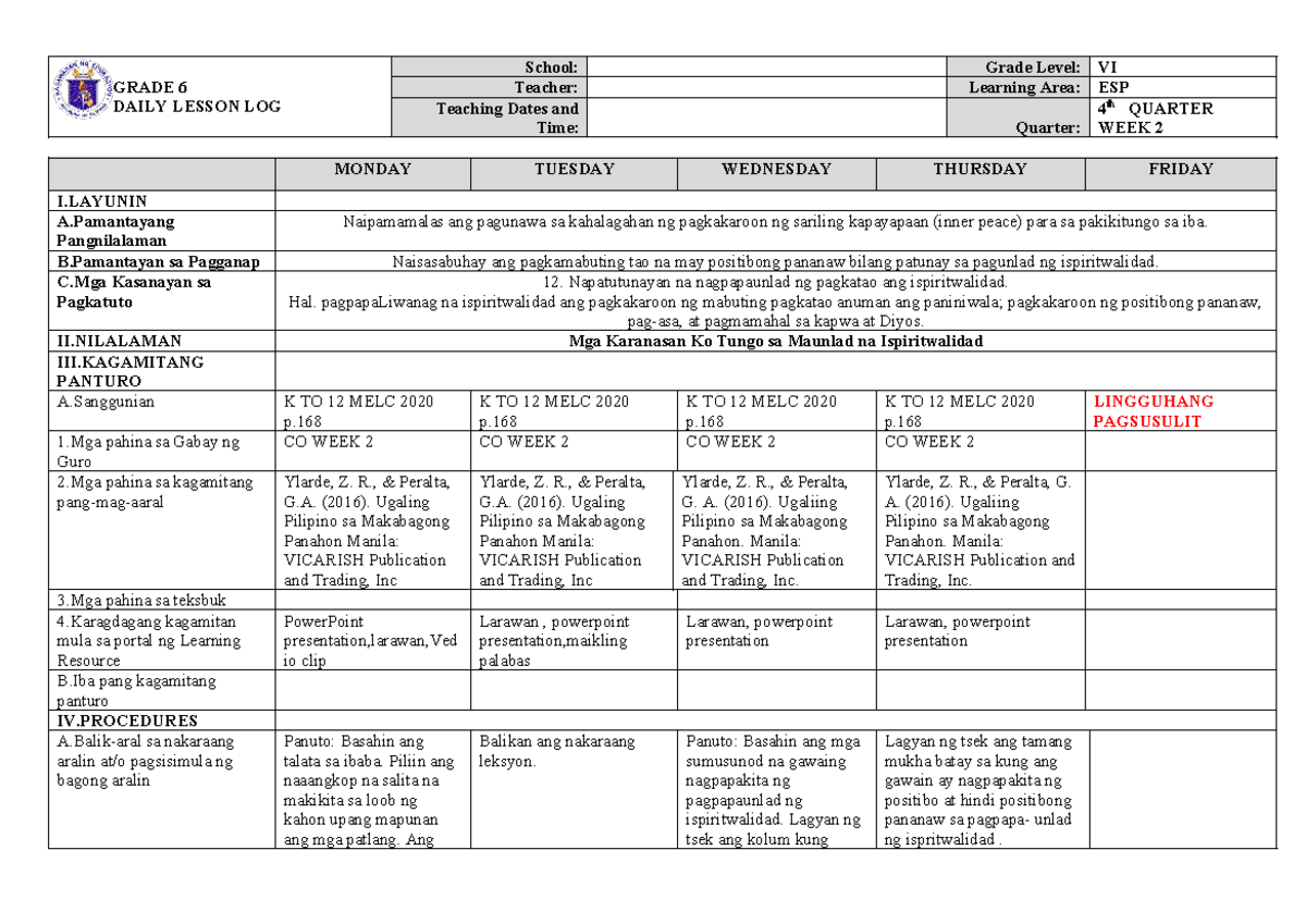 DLL ESP 6 Q4 W2 - Daily Lesson Log for Grade 6 ESP - Studocu