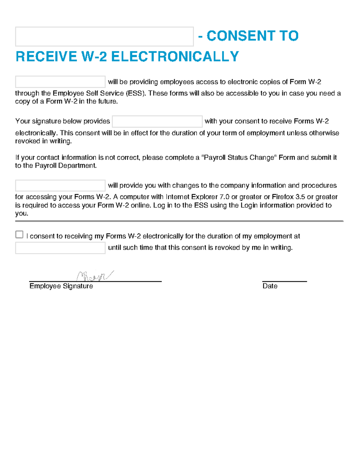 Consent to Receive W2 Forms Electronically - Employee Acknowledgment ...