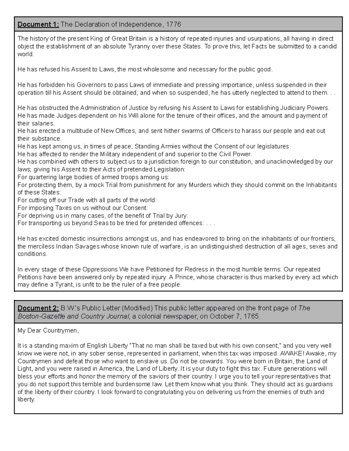 Unit 5 American Revolution Inquiry Lesson (Student Documents ...