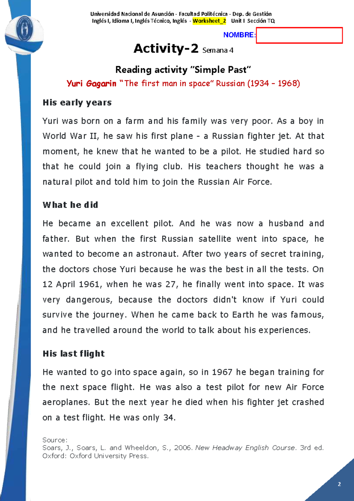 Inglés I - Worksheet 2: Yuri Gagarin Reading Activity - Studocu