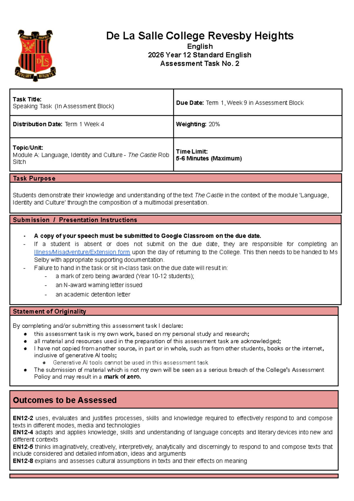 Year 12 English Standard - Assessment Task 2 Notification 2026 - Studocu