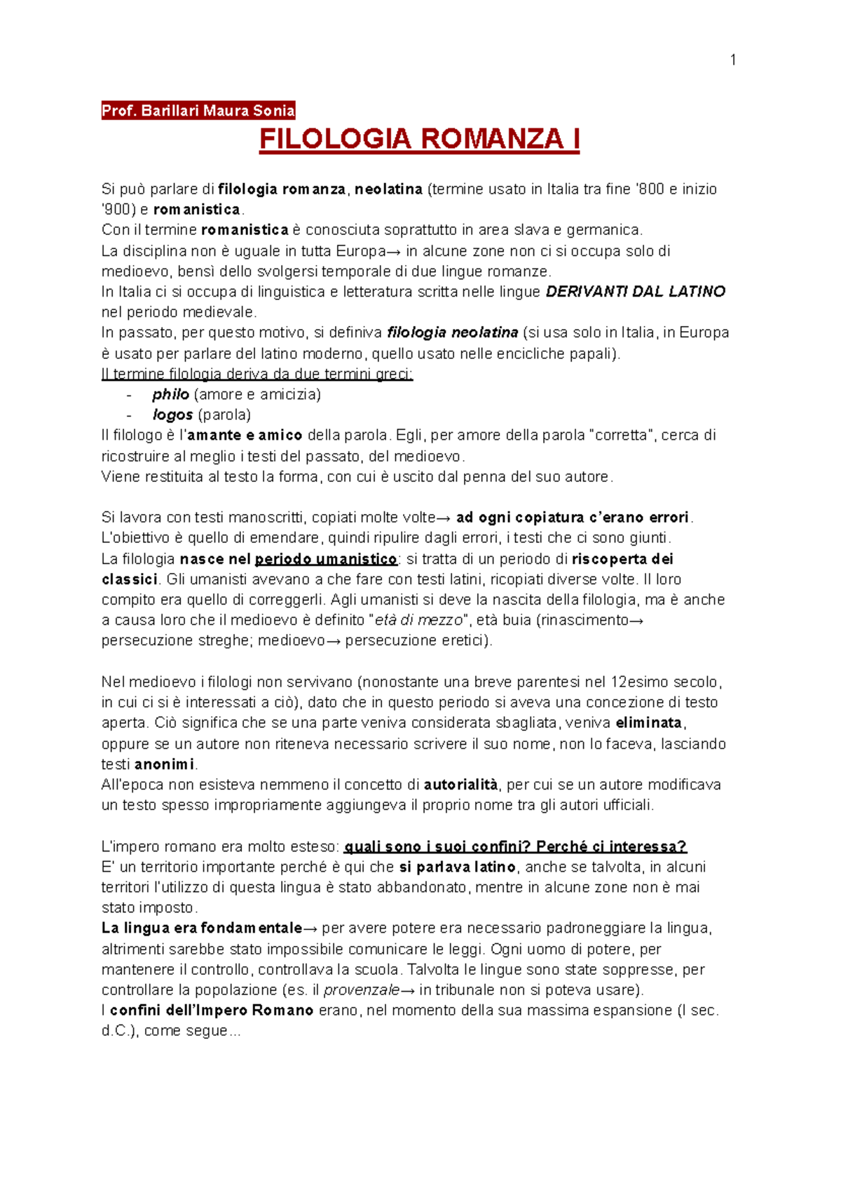 FILOLOGIA ROMANZA I: Introduzione e Sviluppo delle Lingue Romanze - Studocu