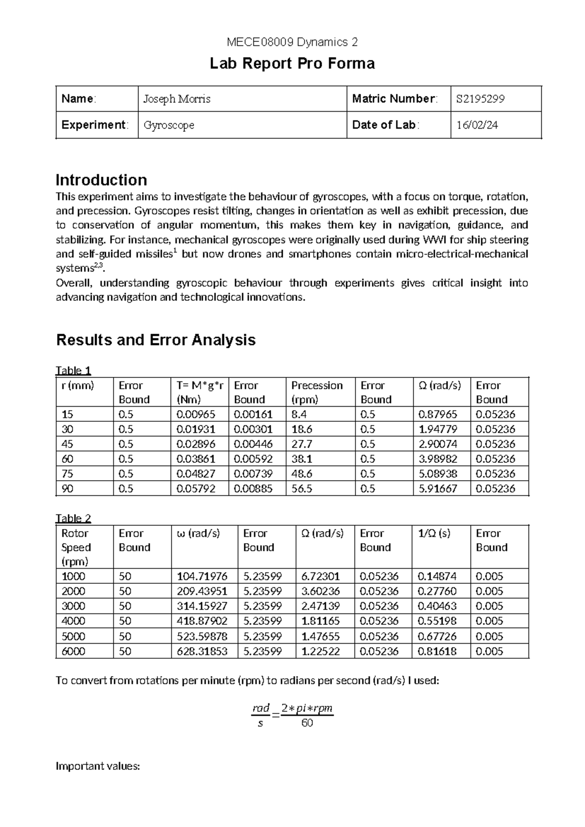 Dynamics Lab Report on Gyroscope Behavior and Analysis - Studocu