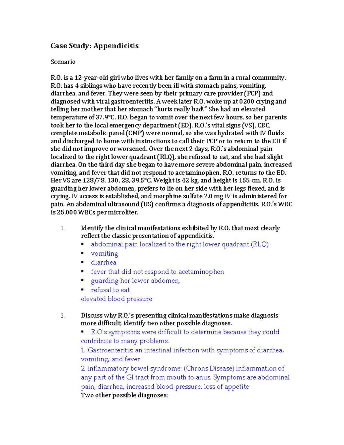 Appendicitis Case Study - Case Study: Appendicitis Scenario R. is a 12-year-old girl who lives ...
