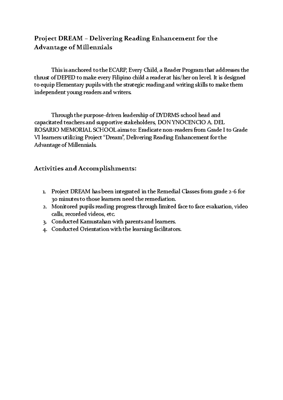 Project DREAM: Enhancing Reading Skills for Millennials' Advantage ...