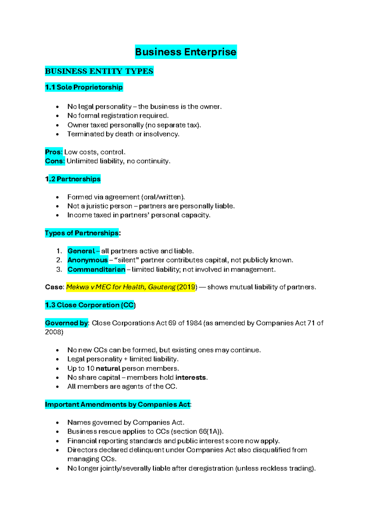 Business Enterprise: Summary of Business Entity Types and IP - Studocu