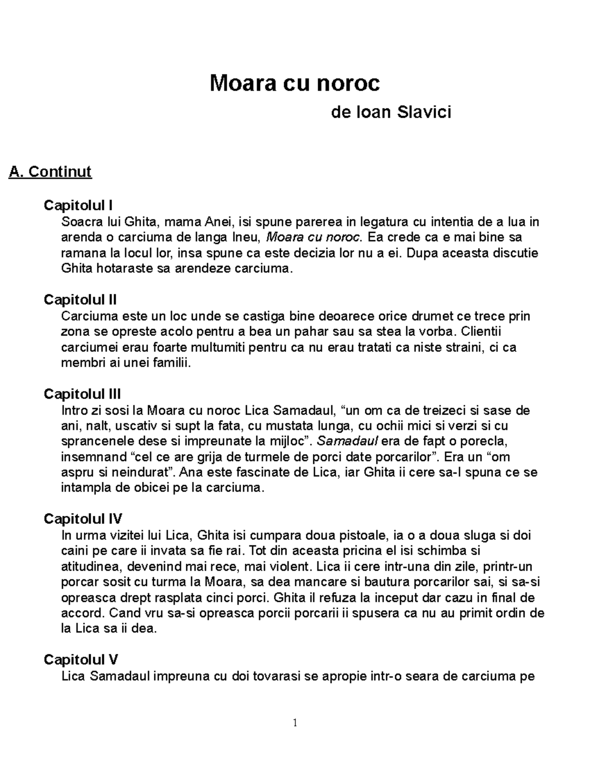 Rezumat pe capitole - Moara cu noroc (5332195) de Ioan Slavici - Studocu