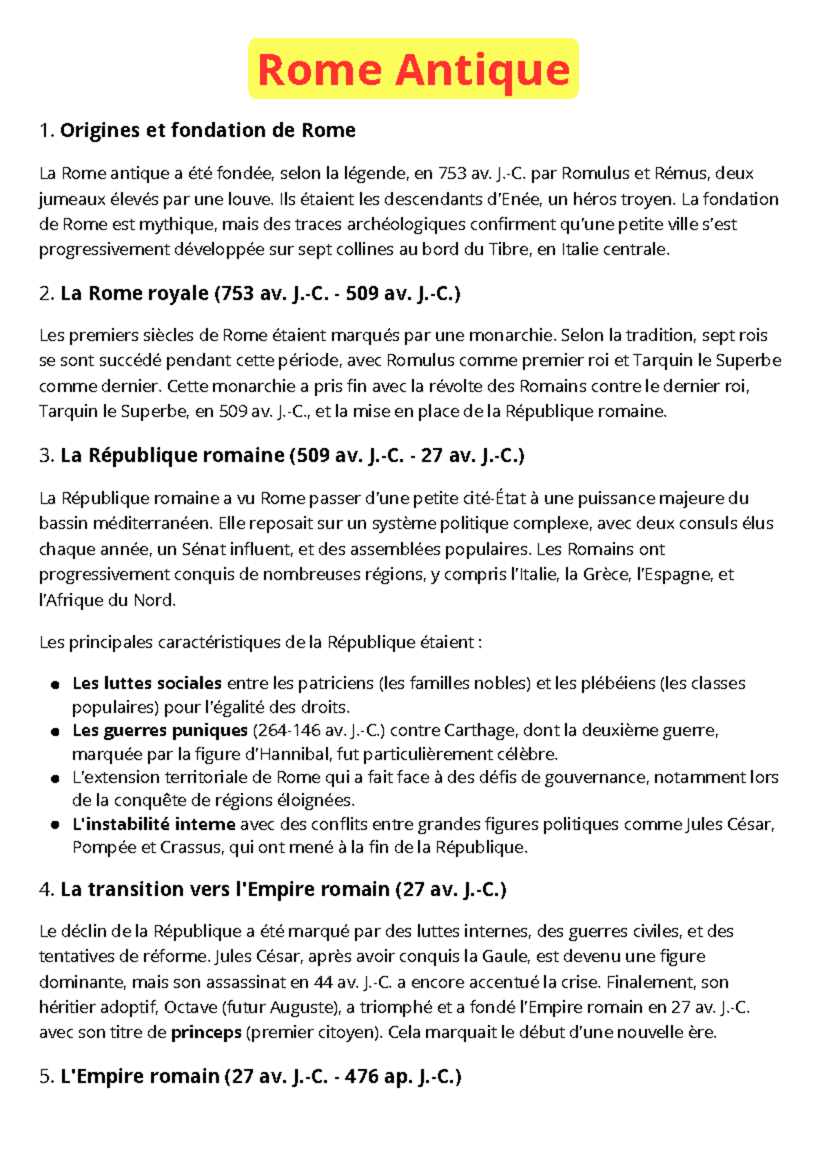 Histoire de Rome Antique : Origines, République et Héritage - Studocu