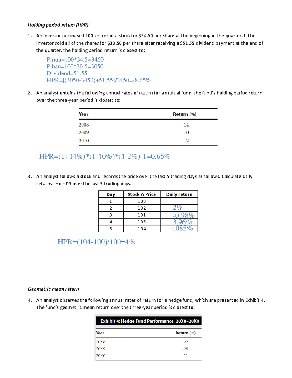 Chapter 3: Holding Period Return (HPR) Analysis and Calculations - Studocu