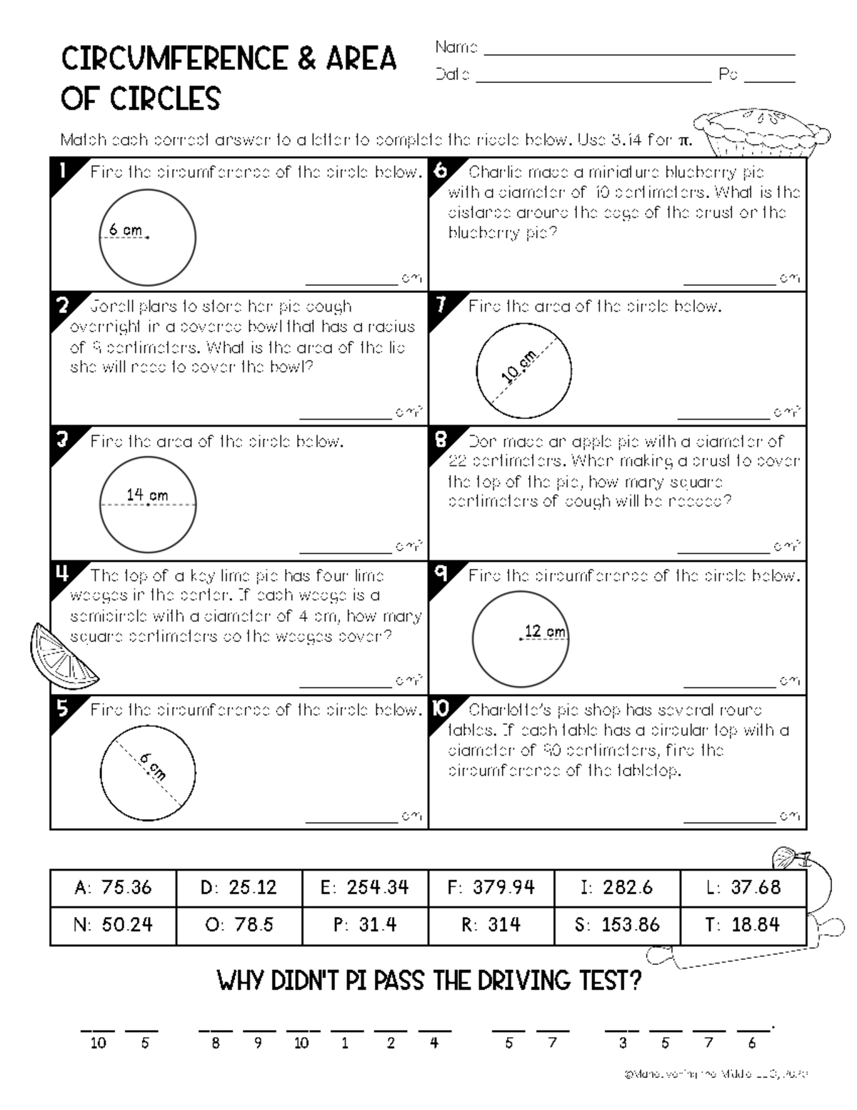 Area:circumference circle - Match each correct answer to a letter to ...