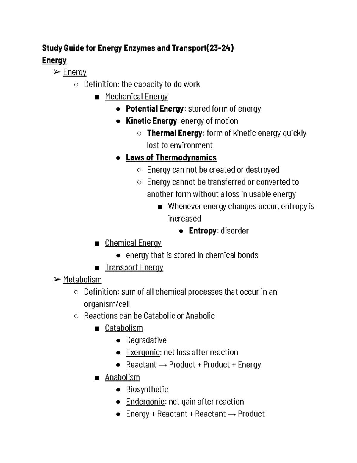 Energy, Enzymes, and Transport Study Guide - Study Guide for Energy ...