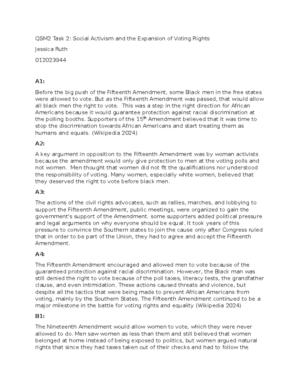 QSM2 Task 2: Social Activism & Voting Rights Amendments Essay - Studocu