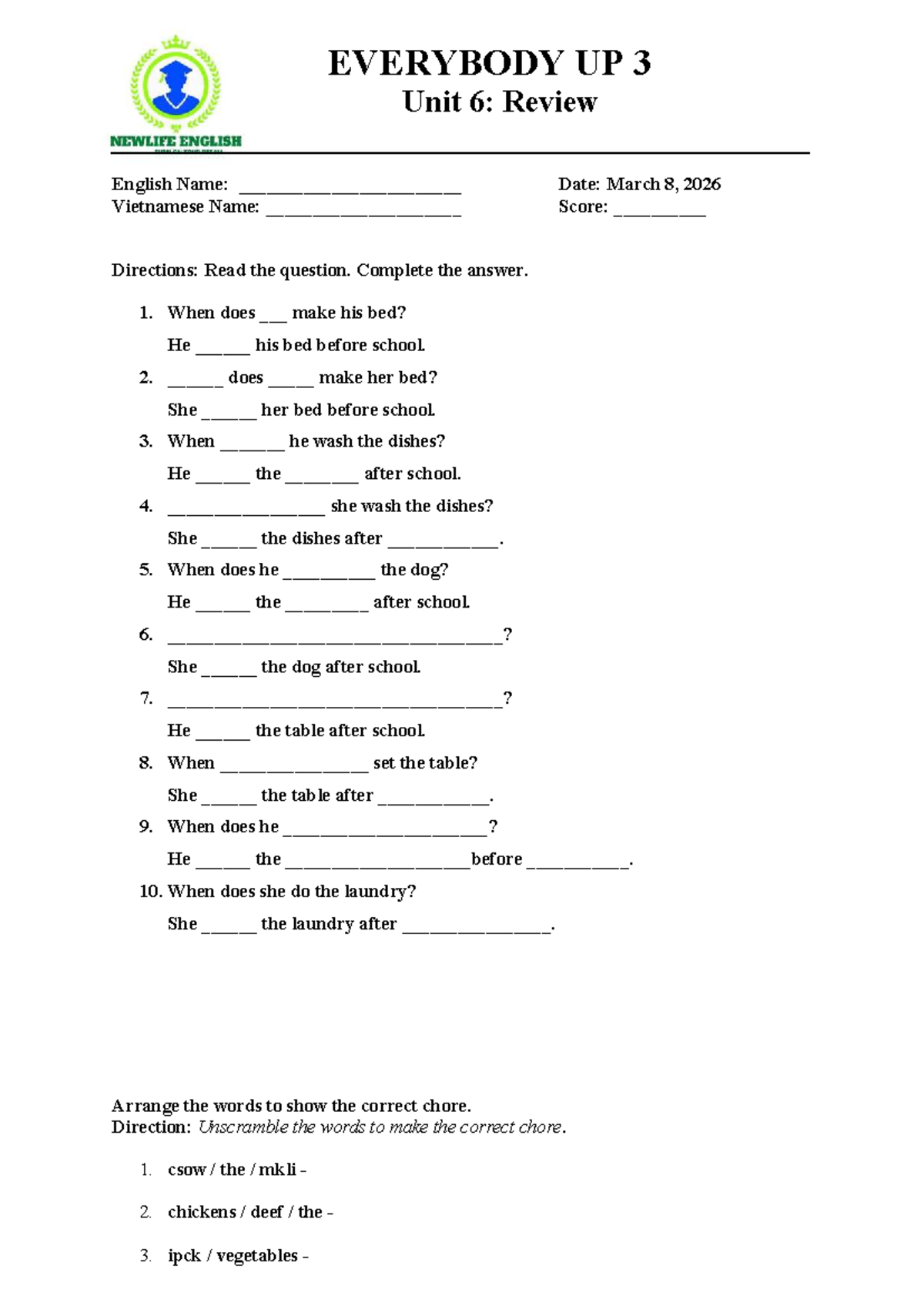 Everybody UP 3 Unit 6: Chores Review Worksheet - Studocu