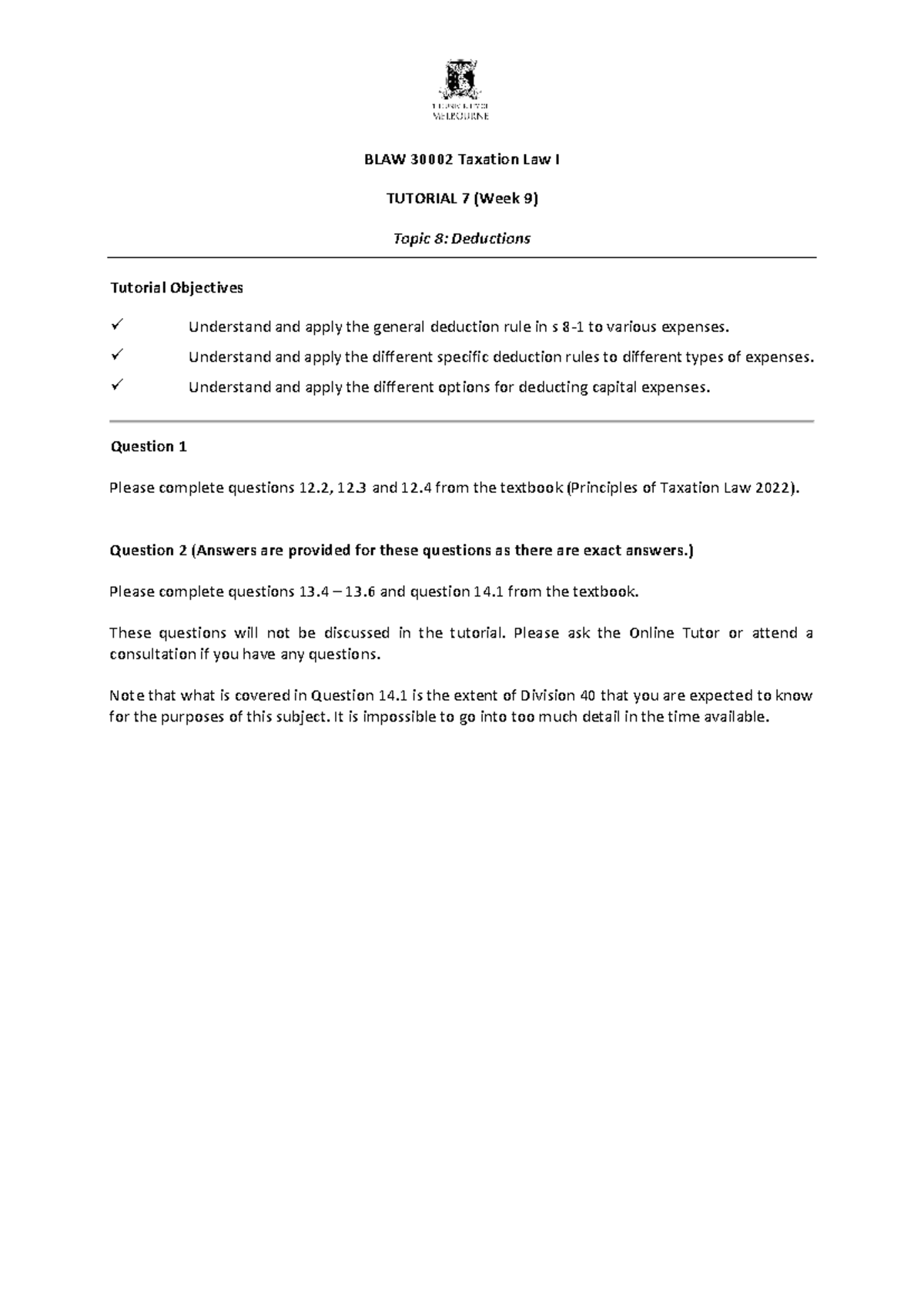 Tutorial 7 (Week 9) - BLAW 30002 Taxation Law I TUTORIAL 7 (Week 9 ...
