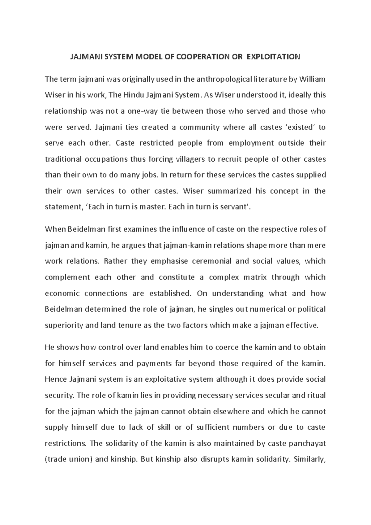Jajmani System Model OF Cooperation OR Exploitation - JAJMANI SYSTEM ...