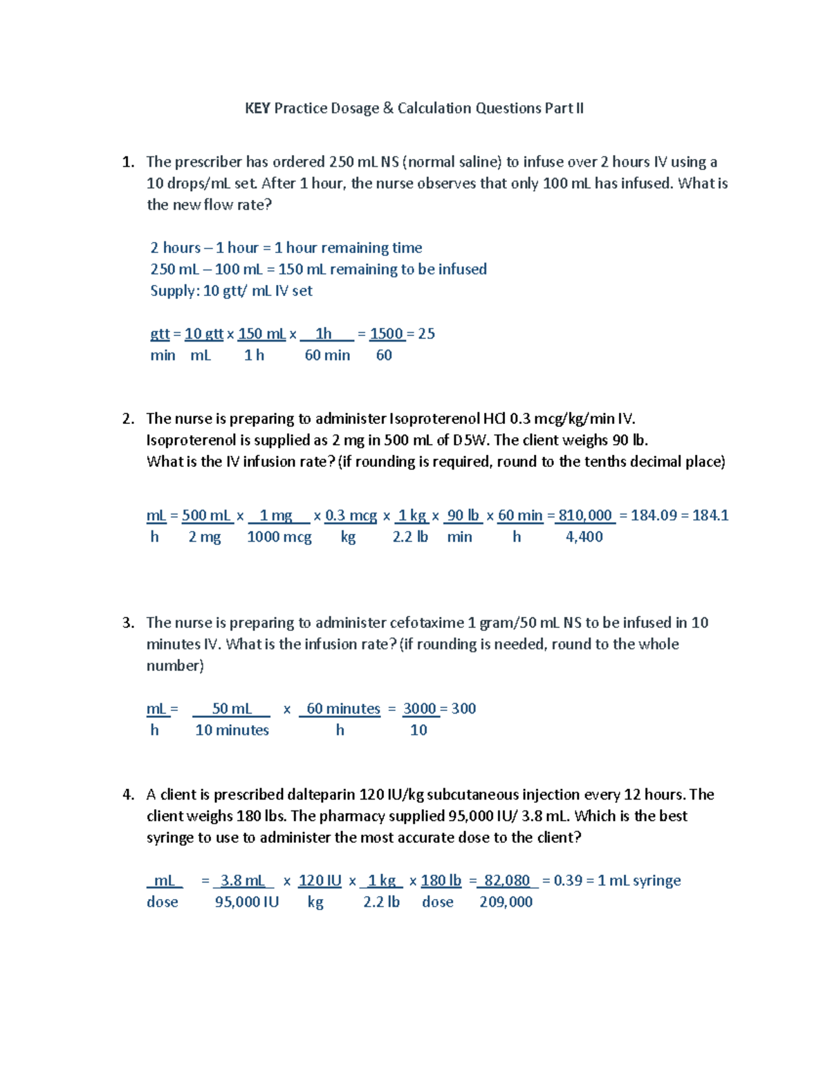 Dosage & Calculation Practice Questions Part 2 KEY for Nursing Students ...
