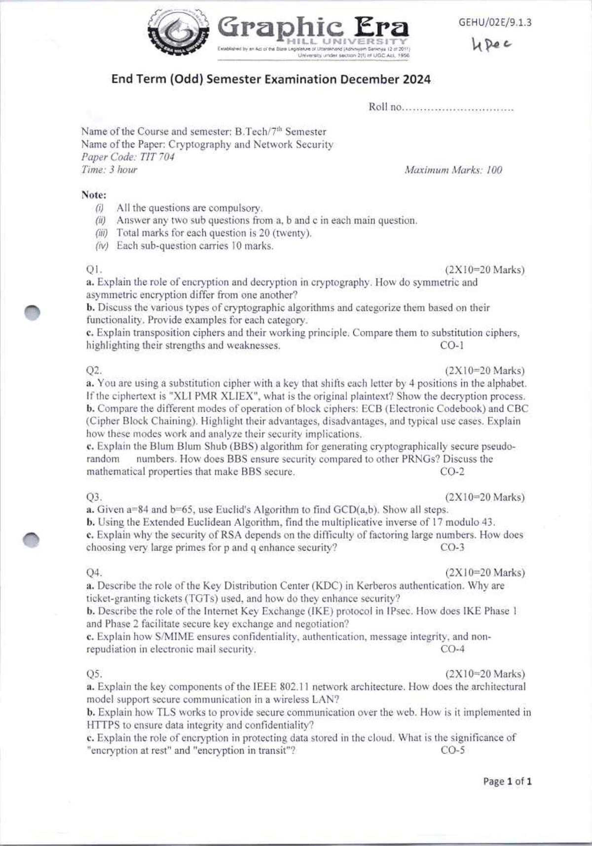 TIT 704 - Cryptography and Network Security End Term Exam December 2024 ...