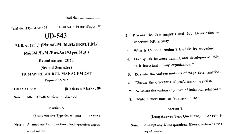 MBA 2nd Sem Human Resource Management Exam Notes (UD 543) 2025 - Studocu