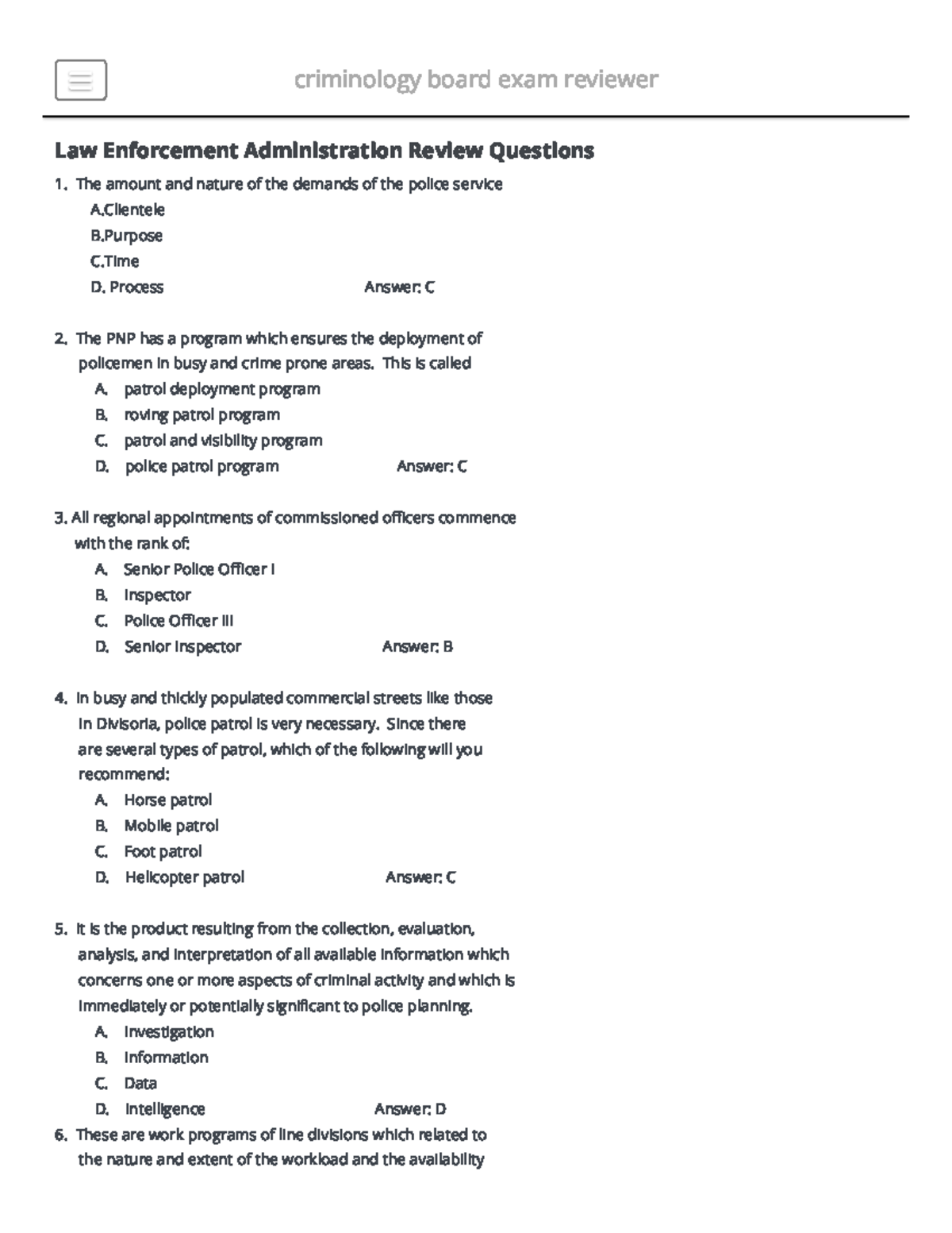 Law Enforcement Administration review questions - criminology board ...