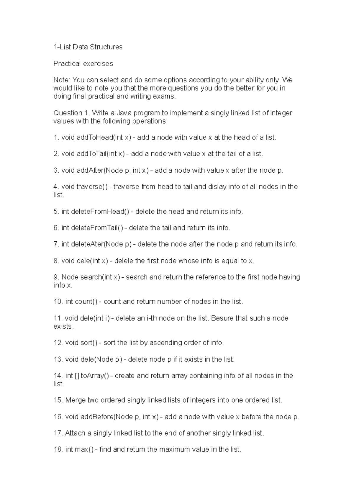 Lab01 - 1-List Data Structures Practical exercises Note: You can select ...