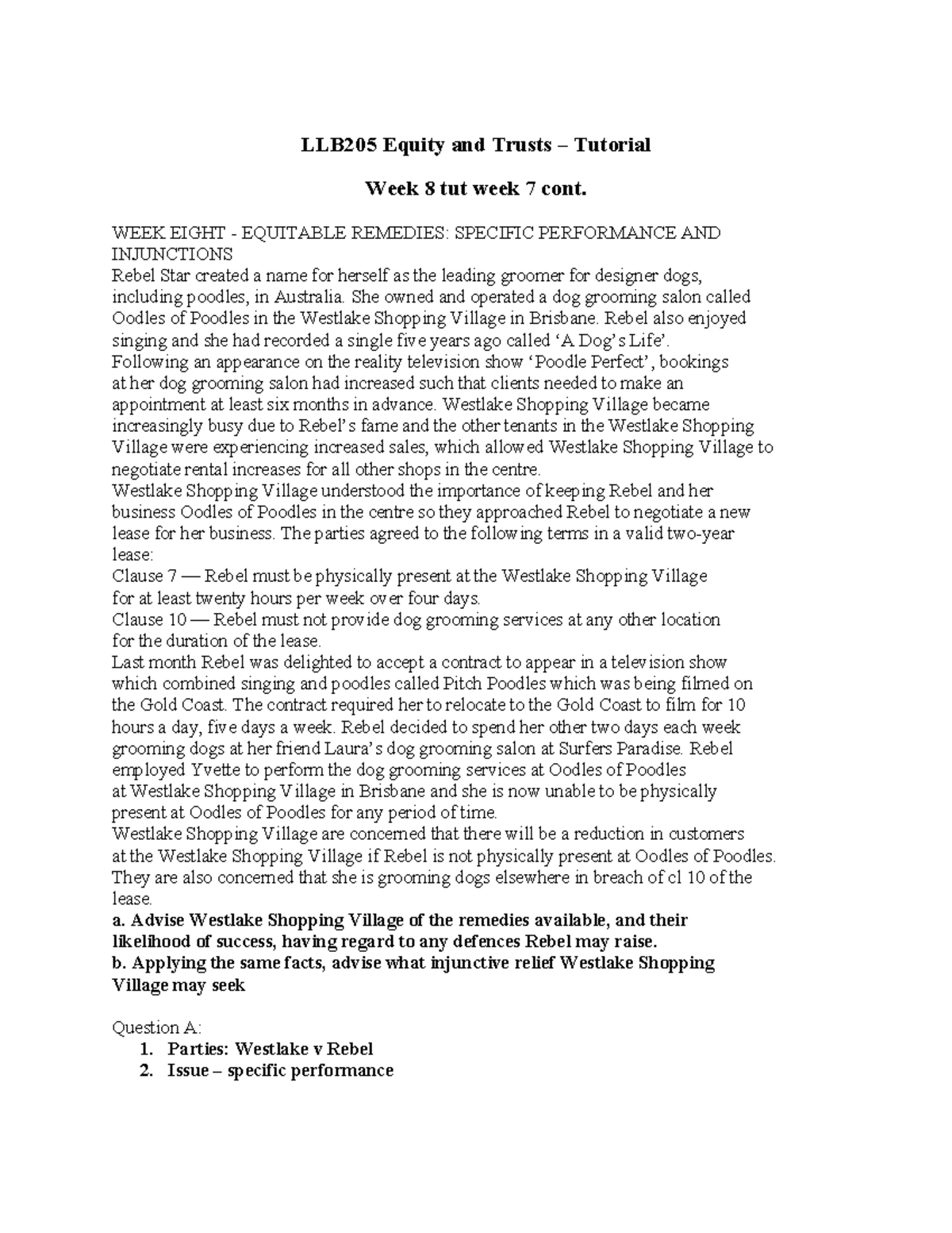 LLB205 Equity and Trusts Tutorial Week 8: Equitable Remedies Analysis ...