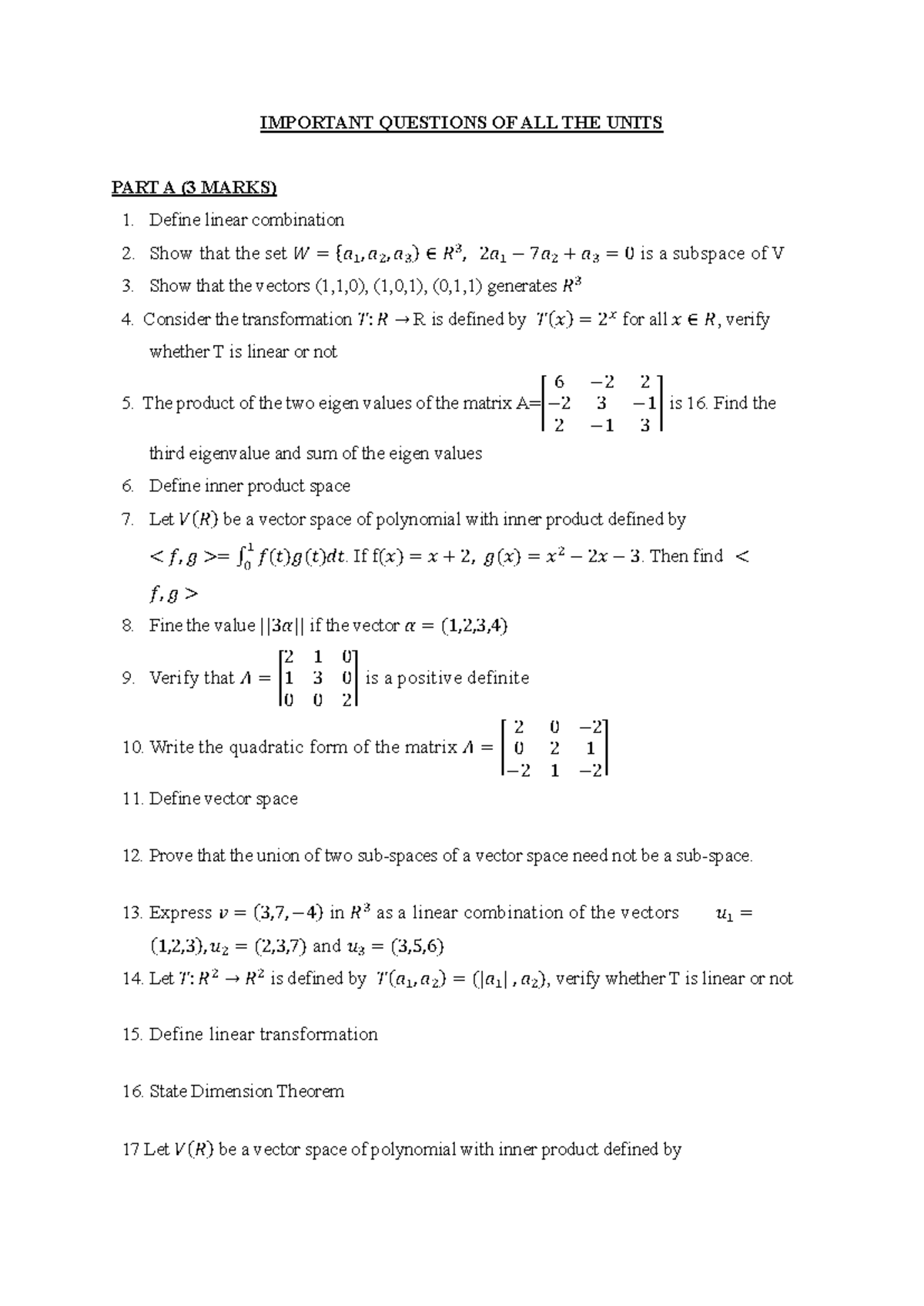 Important Questions for All Units - Part A & B (3 Marks) - Studocu