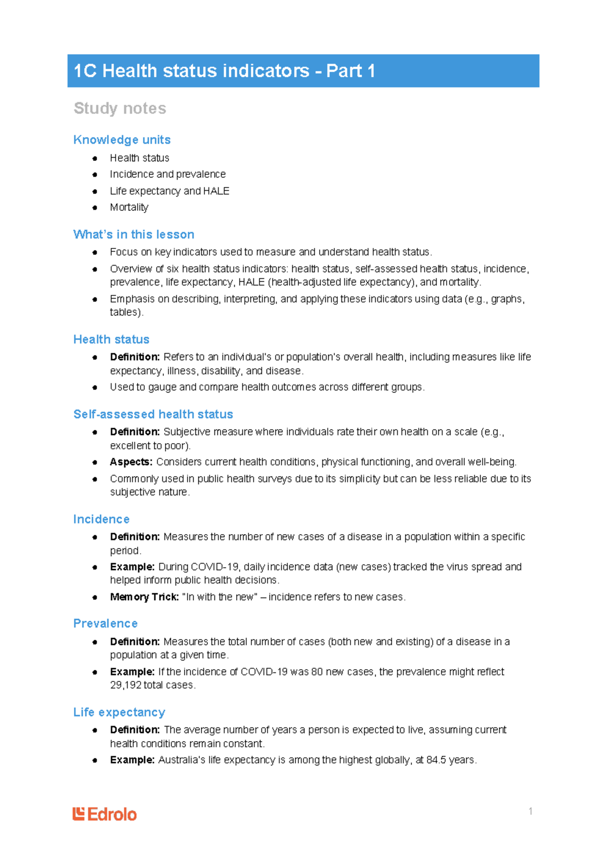1C Health status indicators Part 1 Study notes - 1C Health status ...