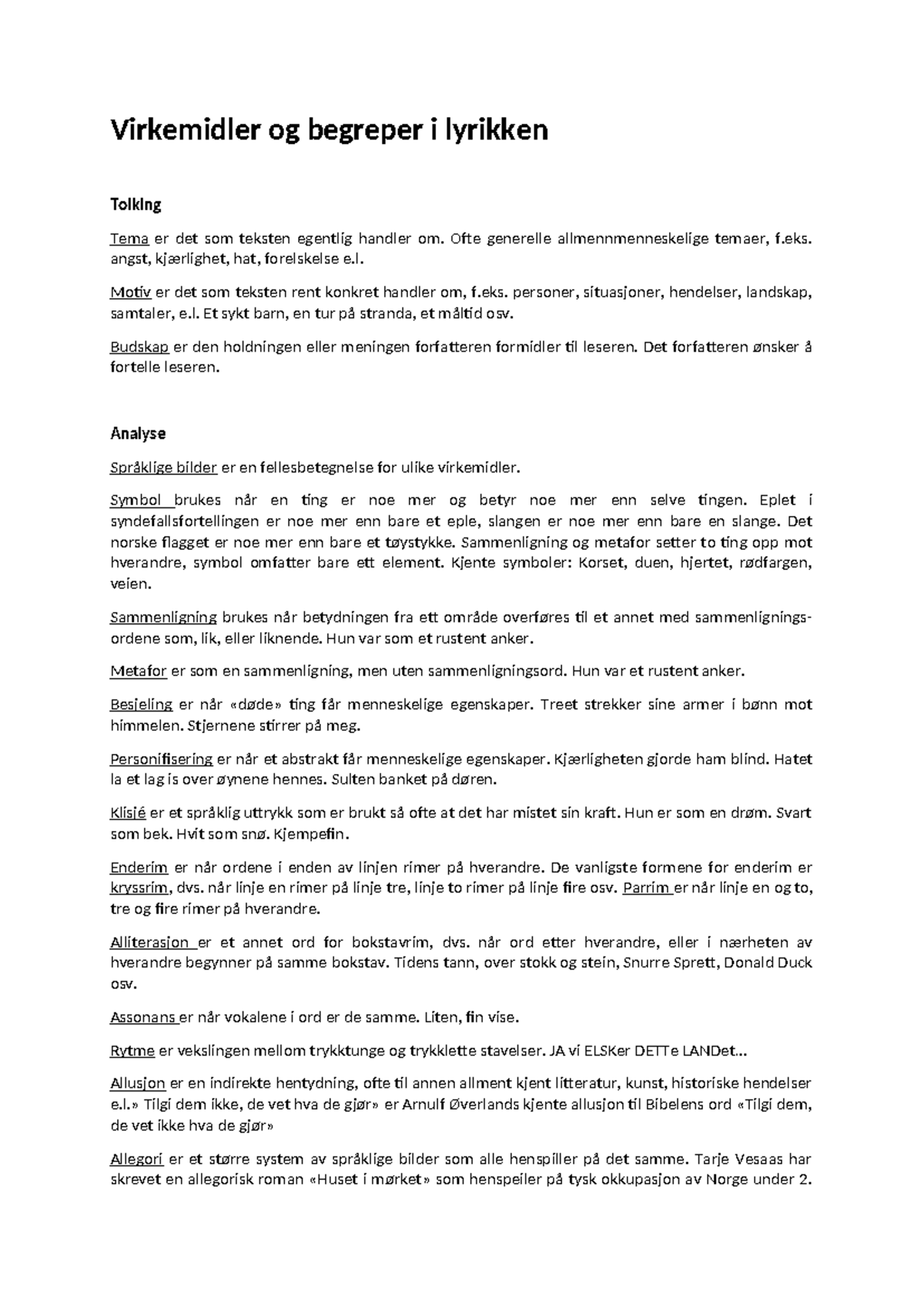 Virkemidler og begreper i lyrikken - Diktanalyse og tolkning - Studocu