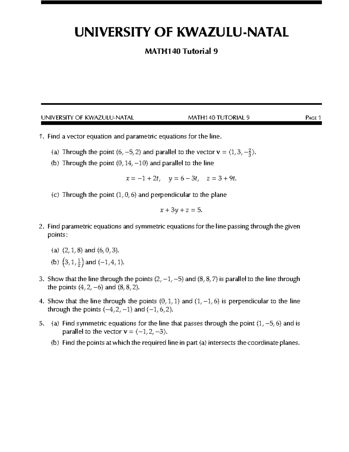 MATH140 Tutorial 9: Vector and Parametric Equations Problems - Studocu