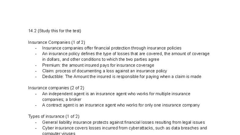 Business Management I: Overview of Insurance Types & Coverage - Studocu