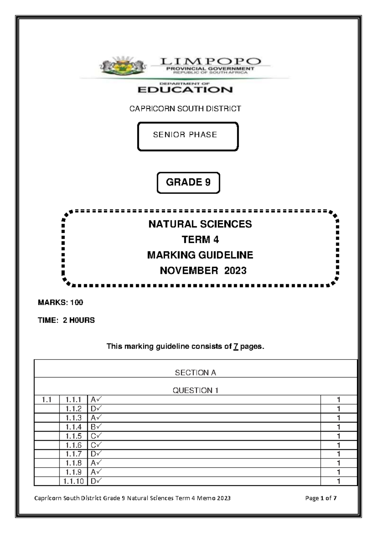 Grade 9 Natural Sciences Term 4 Exam Memo - November 2023 - Studocu