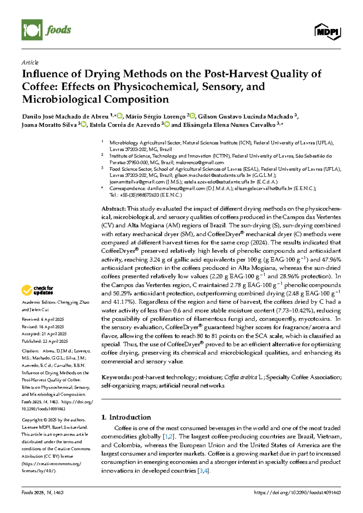 Influence of Drying Methods on Coffee Quality: Physicochemical and ...