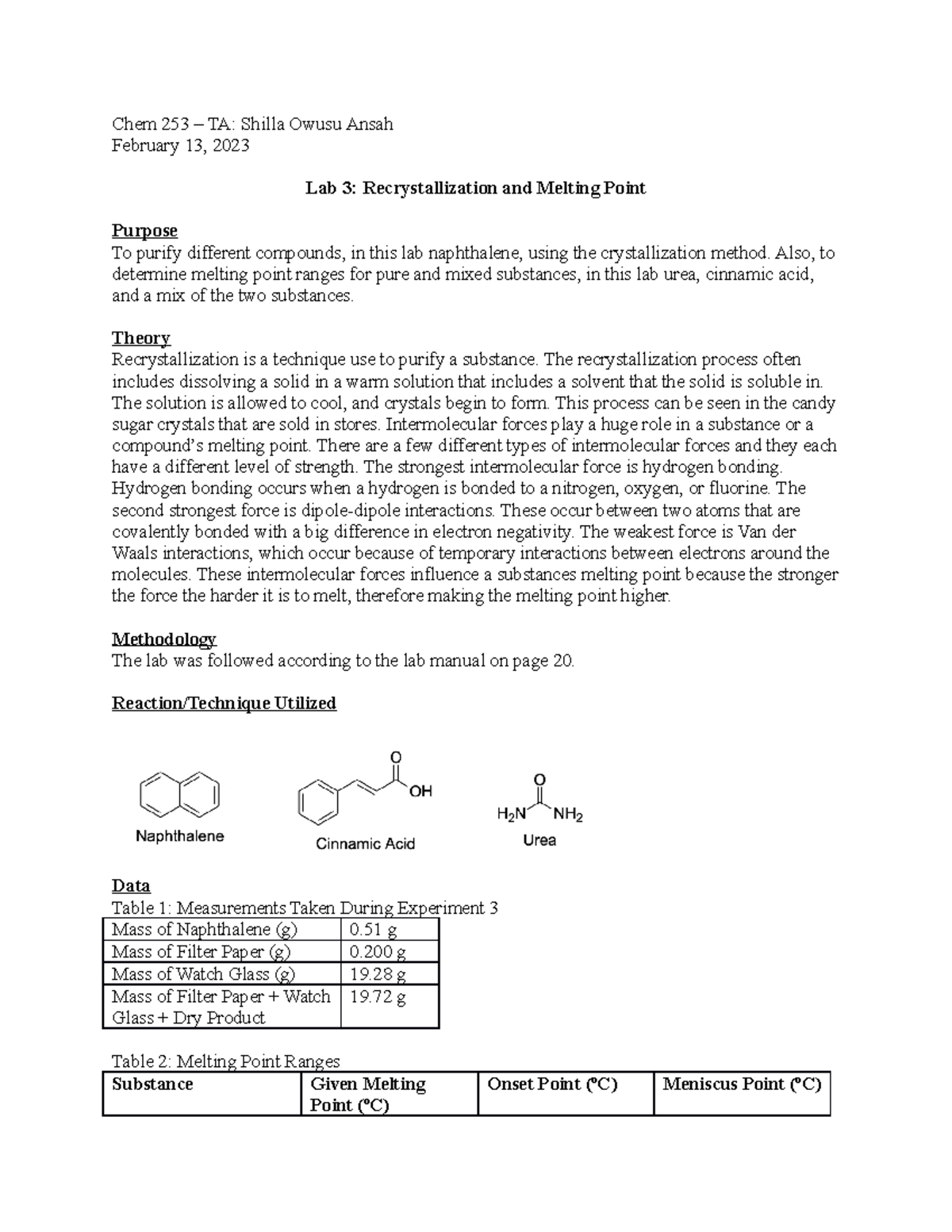 Chem 253 - Lab 3: Recrystallization and Melting Points Report - Studocu