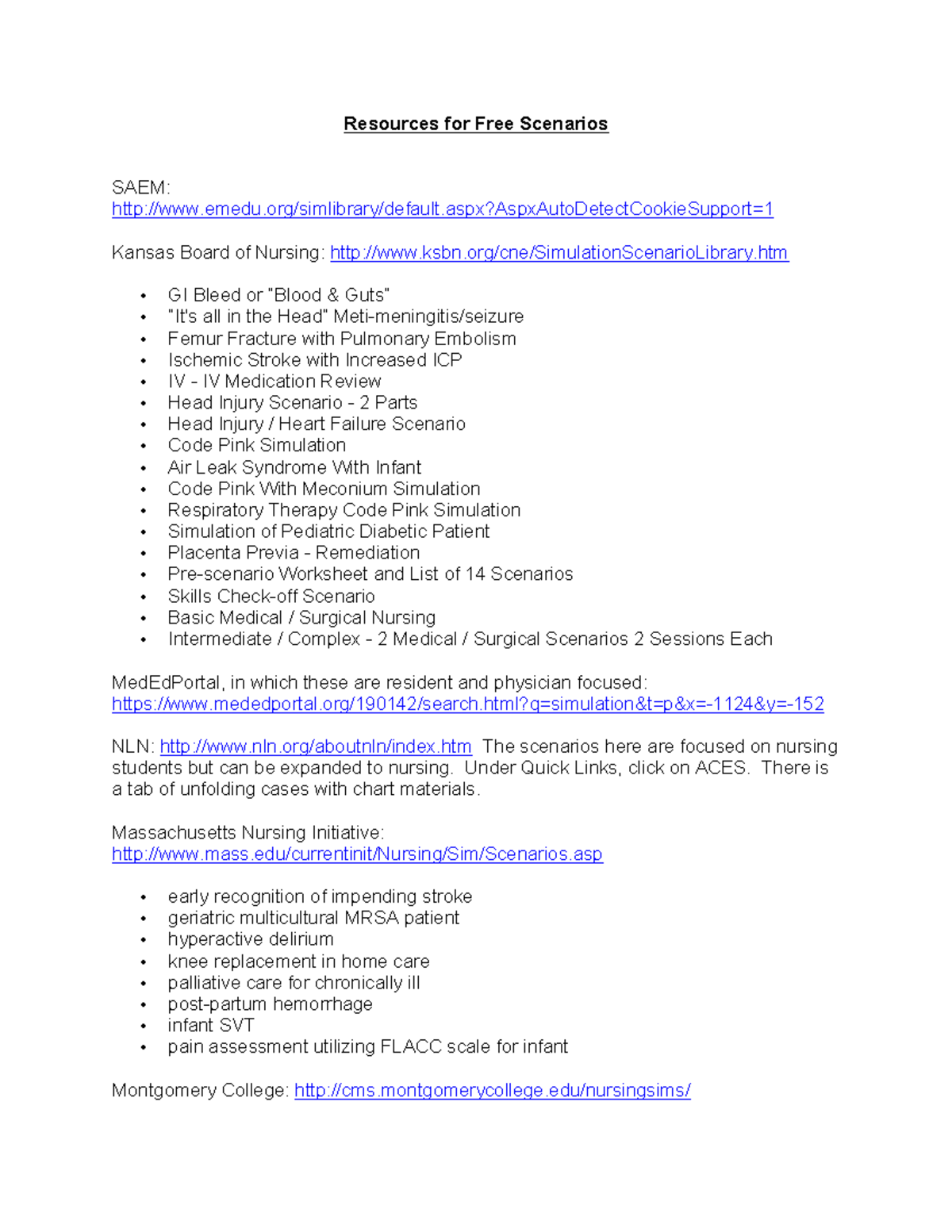 Resources for Free Nursing Scenarios: SAEM & NLN Insights - Studocu