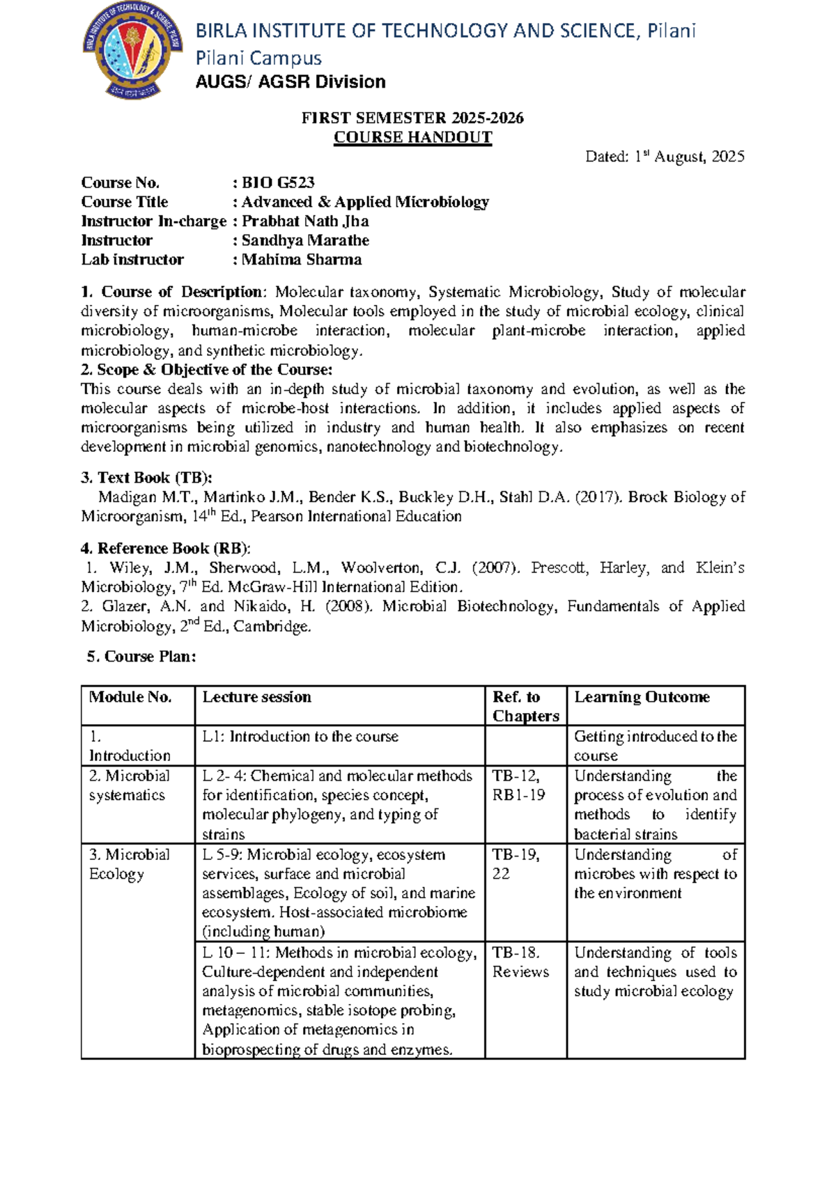 BIO G523 Advanced Applied Microbiology Course Handout 2025 - Studocu