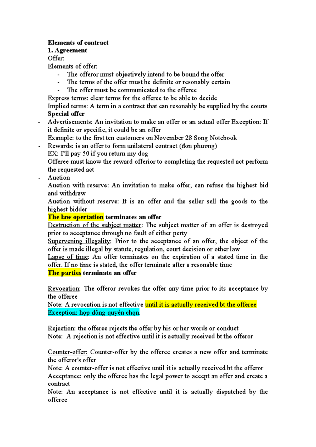 Contract-2 - law contract - Elements of contract Agreement Offer ...