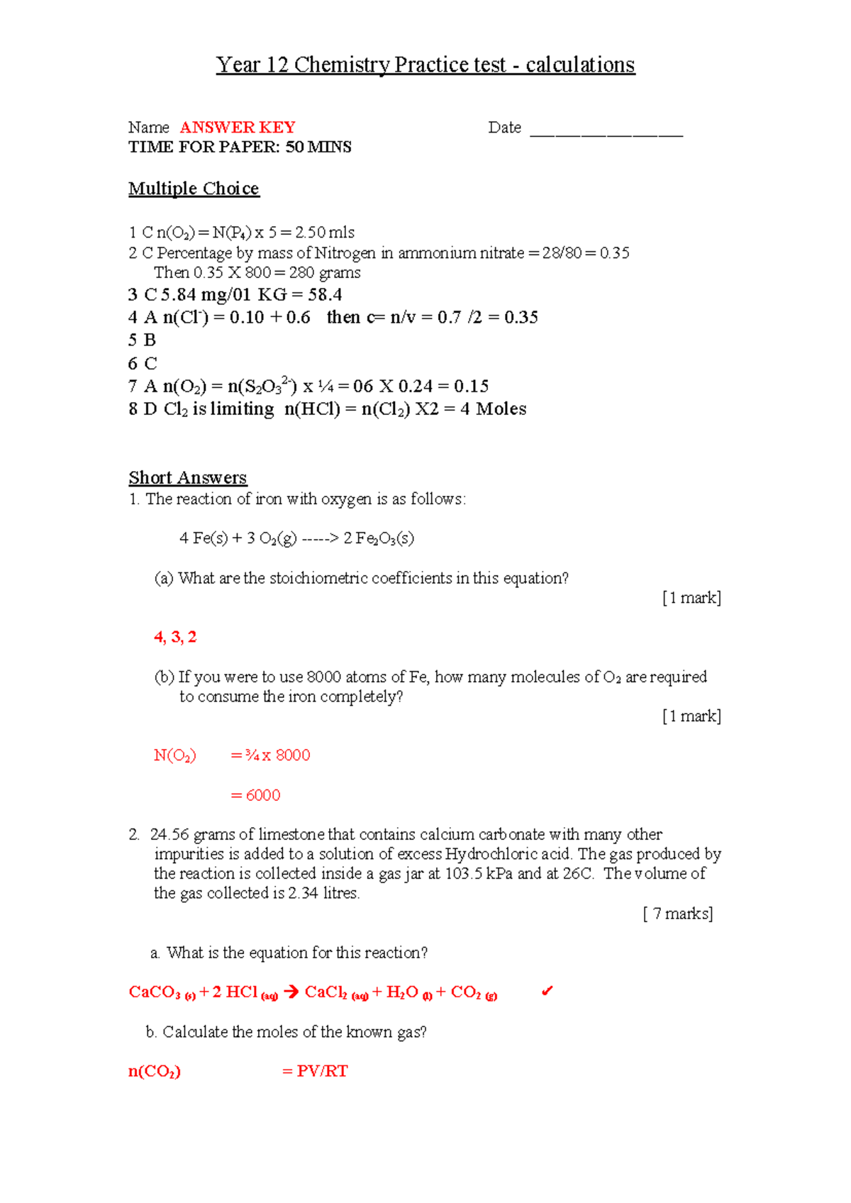 Prac test calculations answers - Year 12 Chemistry Practice test ...