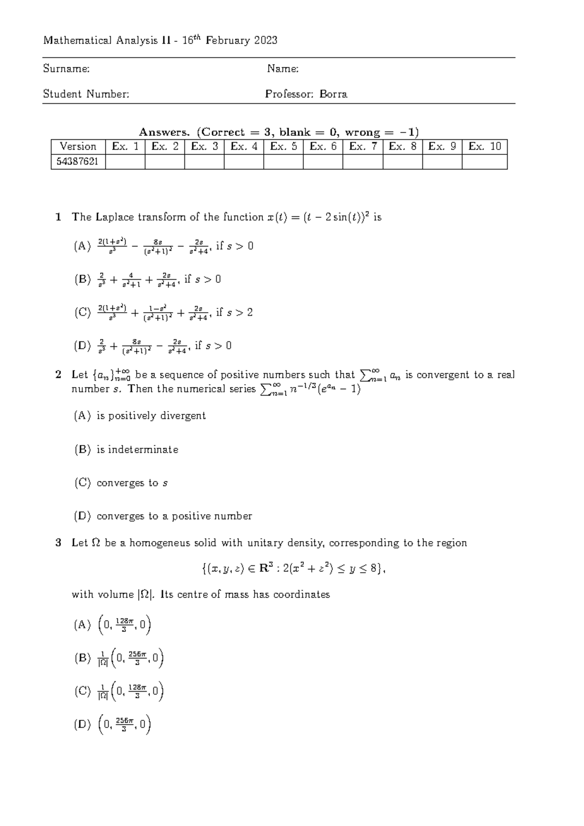 Mathematical Analysis II - Exam Solutions (16 Feb 2023) - Studocu