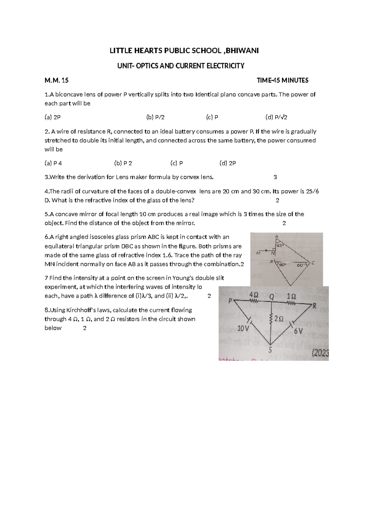 Optics and Current Electricity Test - Little Hearts PS, Bhiwani - Studocu