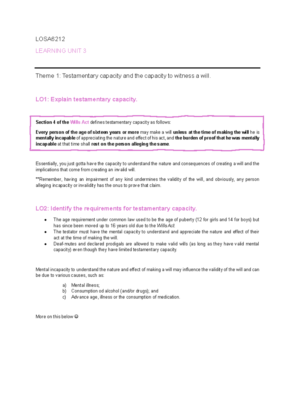 LOSA6212 Learning Unit 3: Testamentary Capacity and Will Execution ...