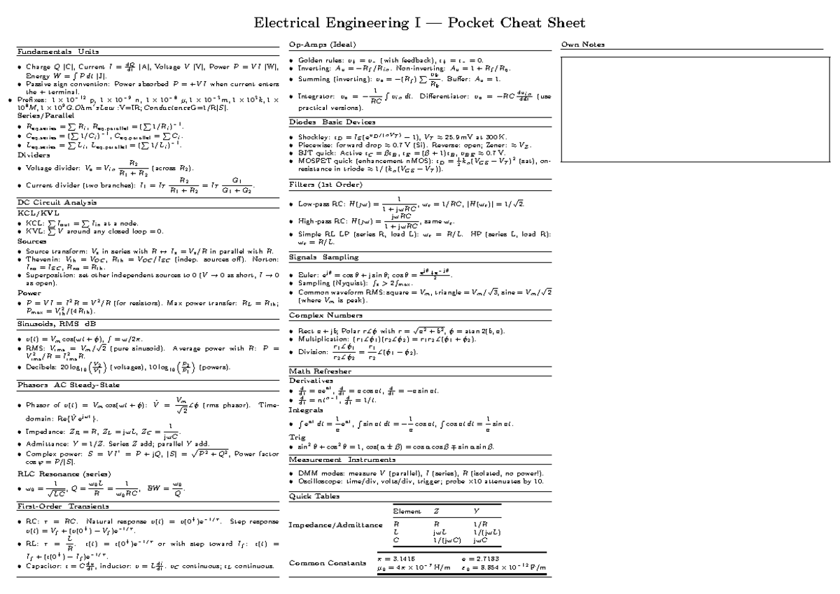 EE102 Electrical Engineering I Pocket Cheat Sheet - Studocu