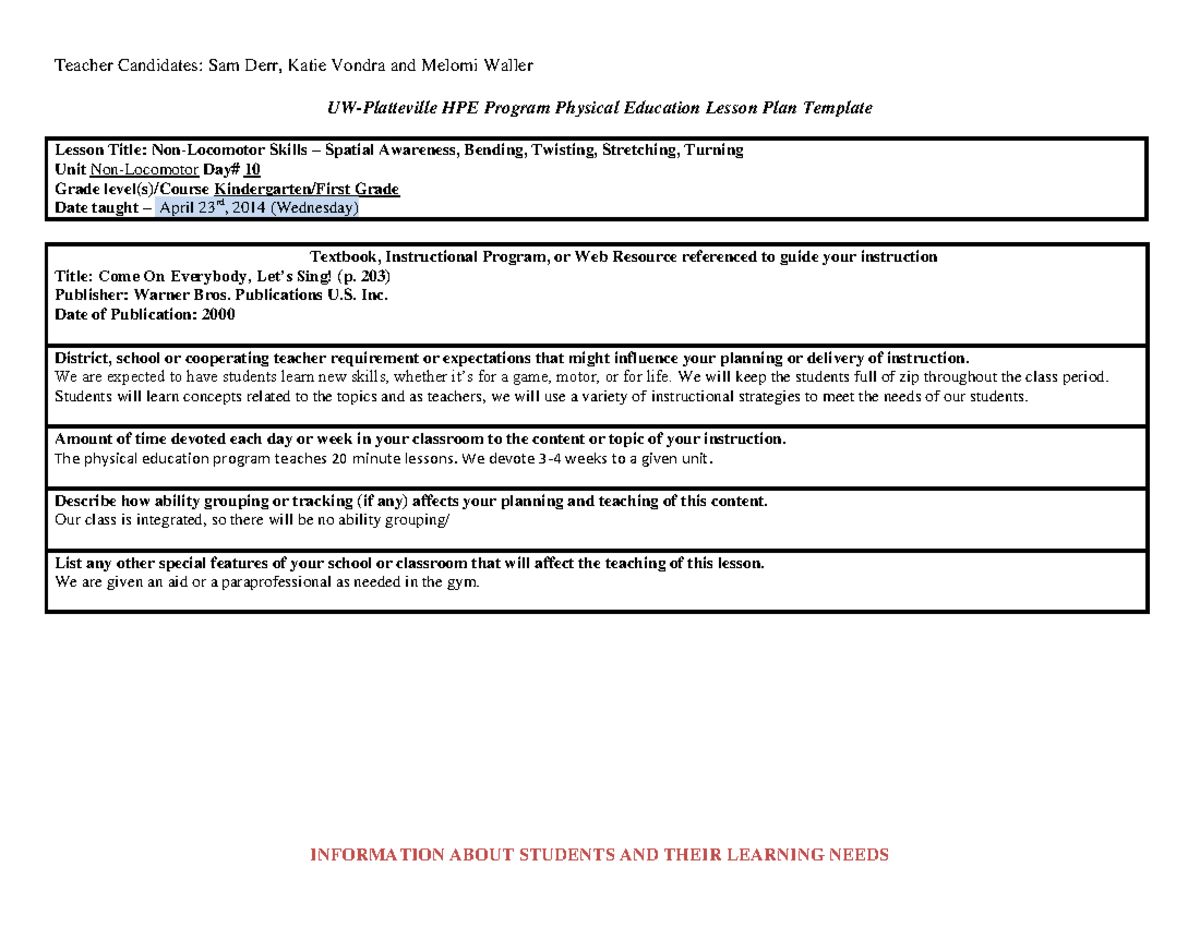 Group Physical Education lesson plans - Teacher Candidates: Sam Derr ...