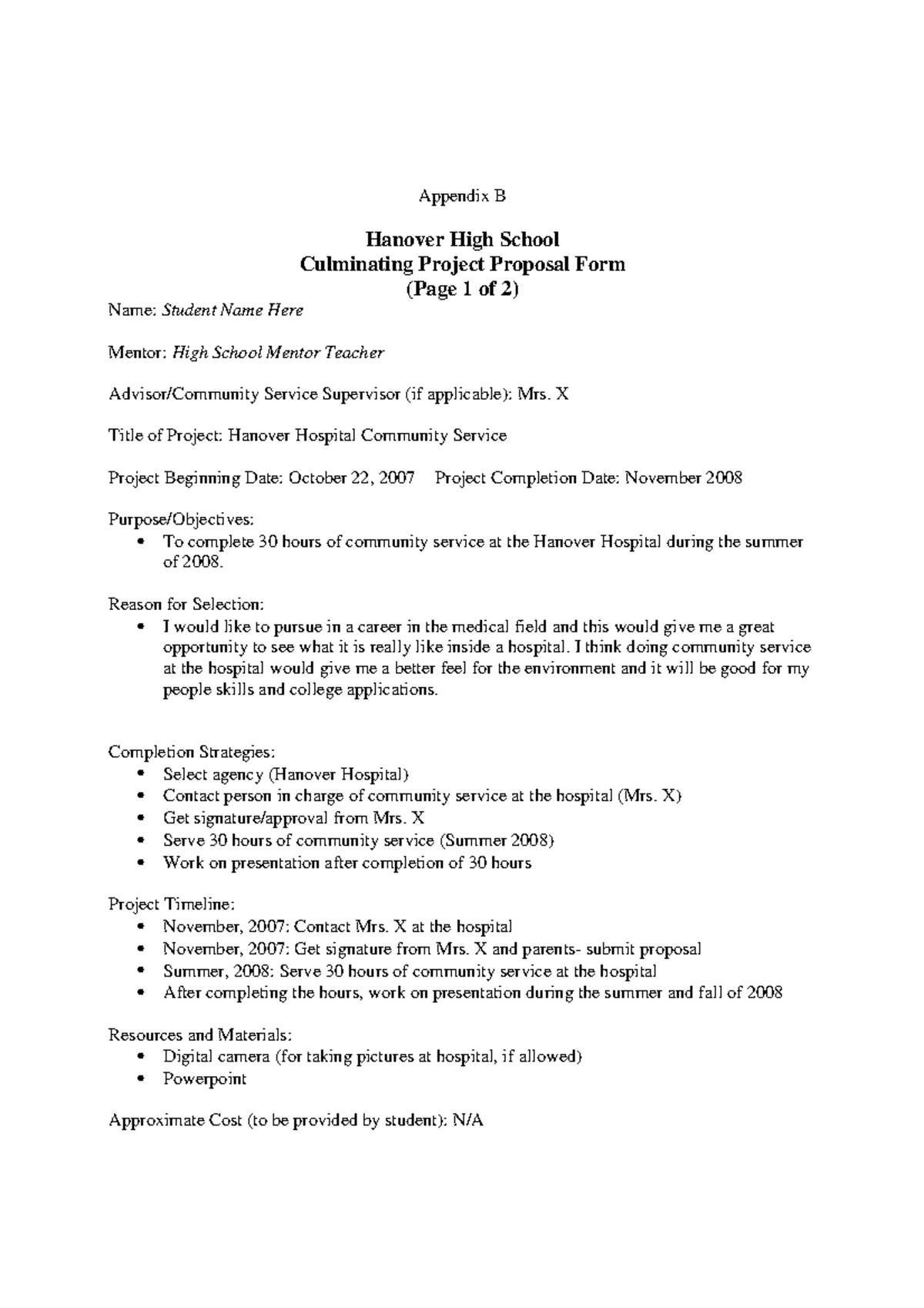 Community Service Example Proposal - Appendix B Hanover High School ...