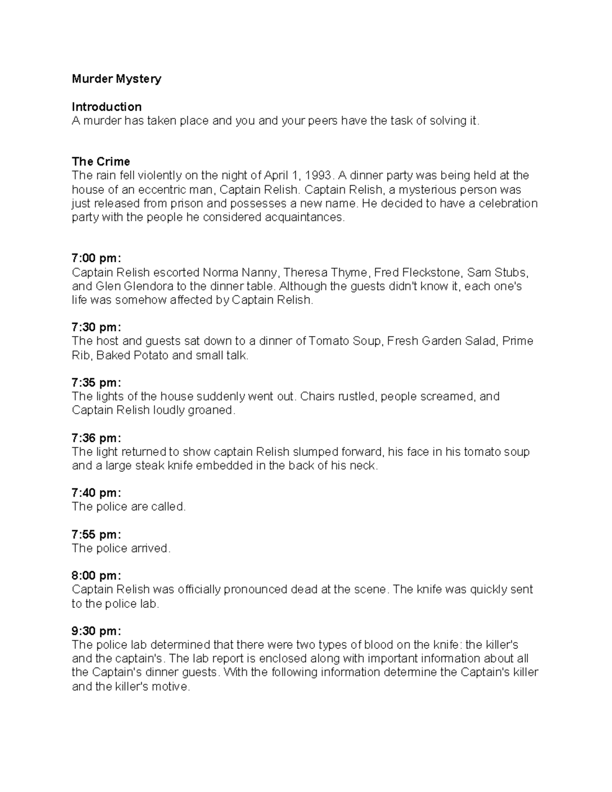 Capatin relish - j u 0 - Murder Mystery Introduction A murder has taken ...