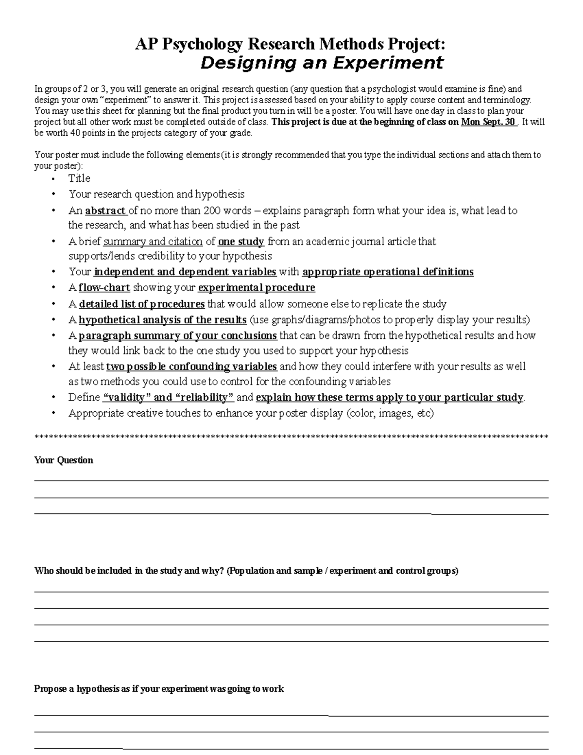 AP Psychology Project: Designing a Research Experiment for Hypothesis ...