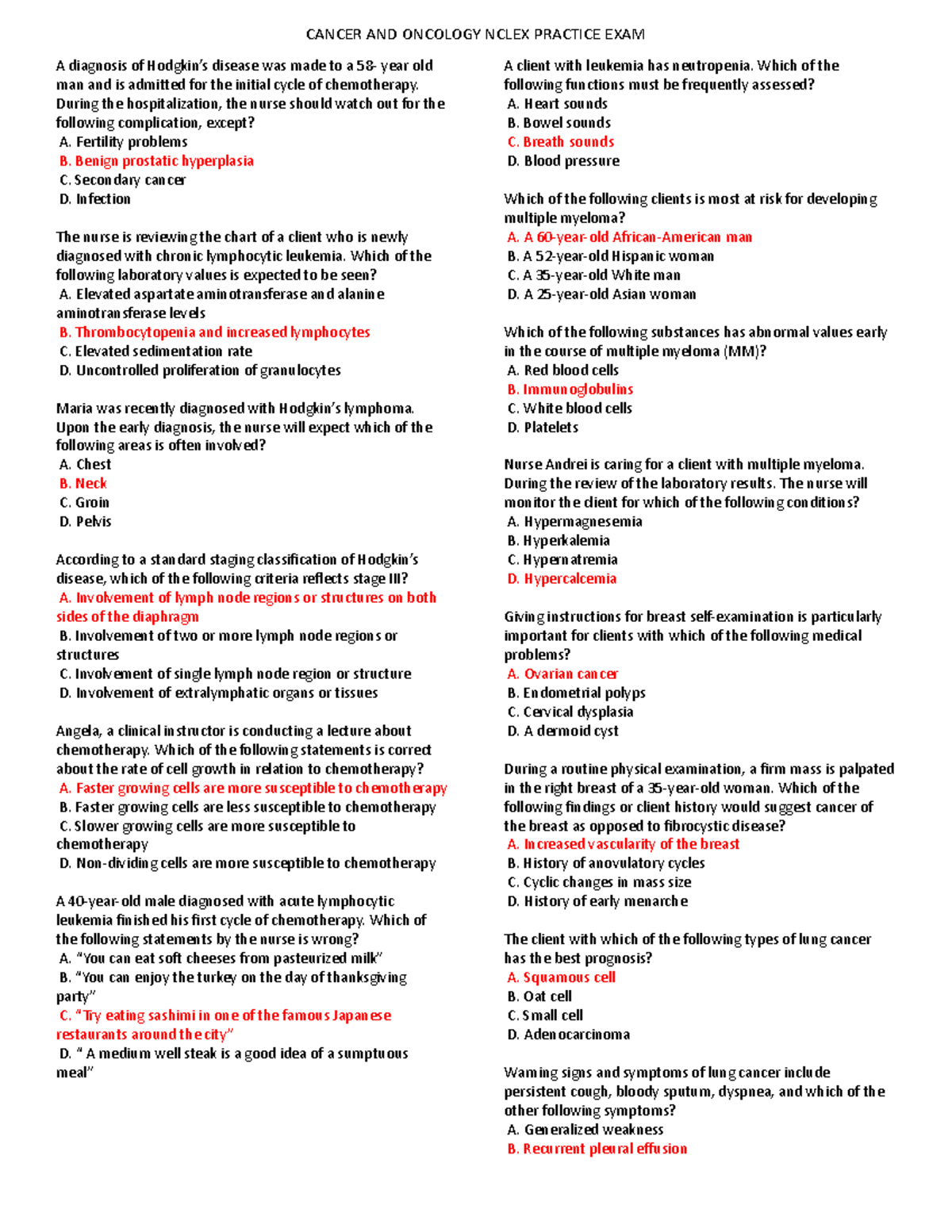Cancer & Oncology Nclex Practice EXAM - A diagnosis of Hodgkin’s ...