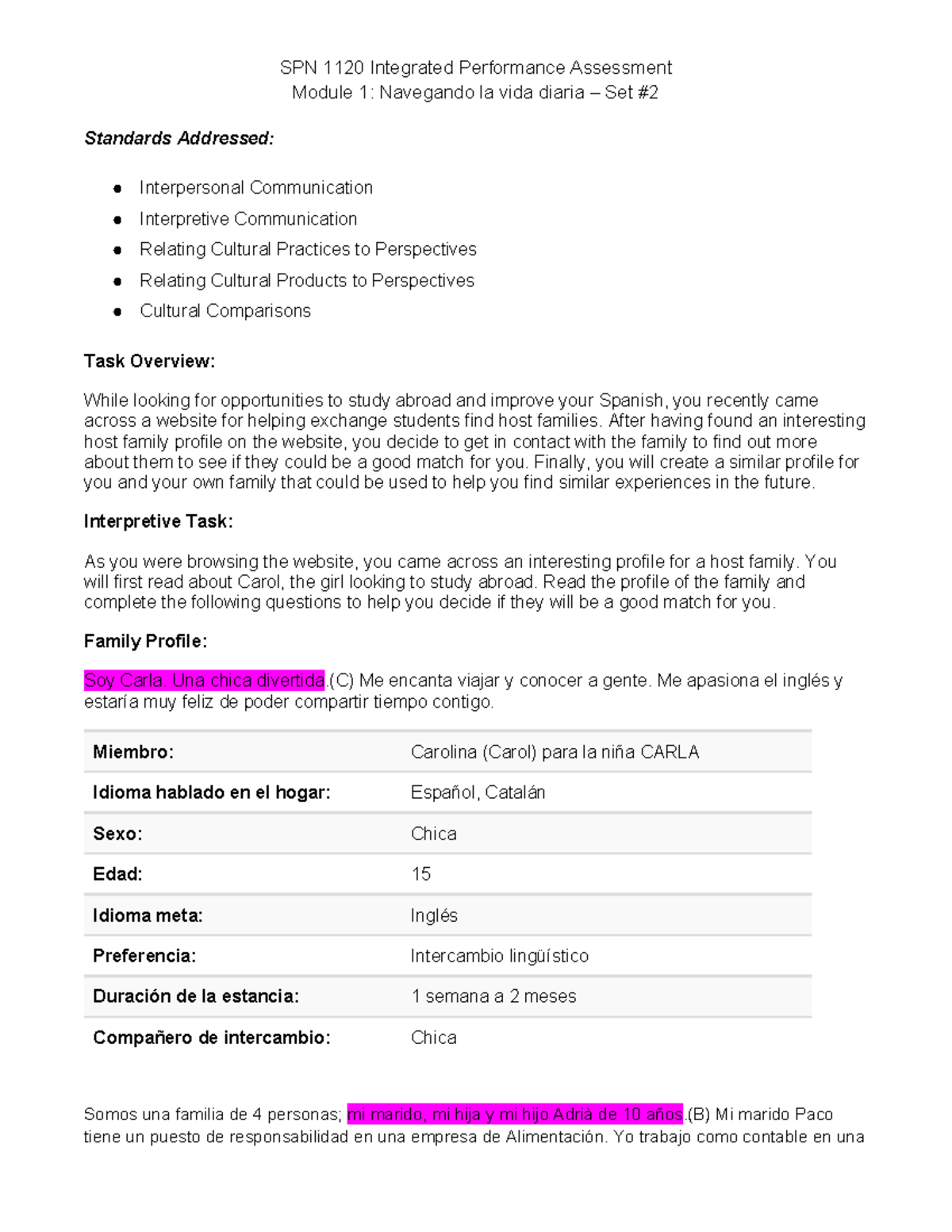 SPN 1120 Integrated Performance Assessment: Module 1 - Host Family ...